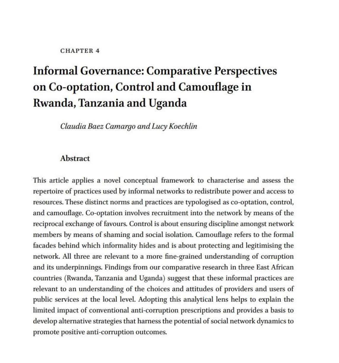 Informal Governance: Comparative Perspectives on Co-optation, Control ...